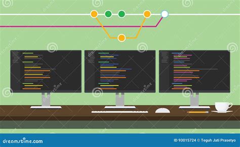 Git Code Repository Concept Illustration With 3 Monitor Code Program