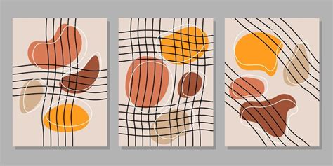 세 가지 추상적인 미학 중반 세기 현대적인 모양의 현대 Boho 포스터 템플릿 세트 프리미엄 벡터