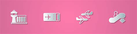 종이 컷 공항 관제탑 항공권 비행기 및 에스컬레이터 다운 아이콘을 설정합니다 페이퍼 아트 스타일입니다 벡터 3차원 형태에 대한 스톡 벡터 아트 및 기타 이미지 Istock