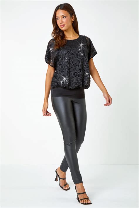 Black Sequin Lace Stretch Overlay Top Roman Uk