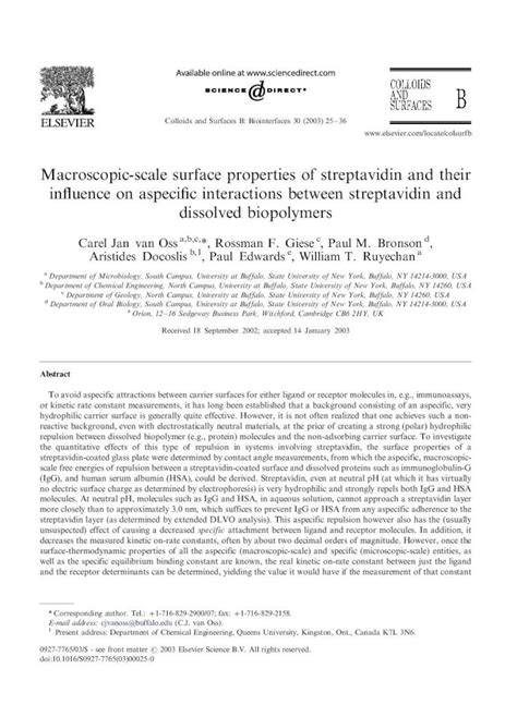 Pdf Macroscopic Scale Surface Properties Of Streptavidin And Their Influence On Aspecific