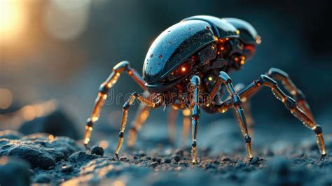 High Tech Robotic Spider Crawling On Rocks Illuminated By Glowing Red Lights Stock Image Image