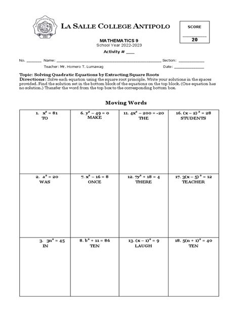 Activity 1 1 Solving Quadratic Equations By Extracting Square Roots Pdf
