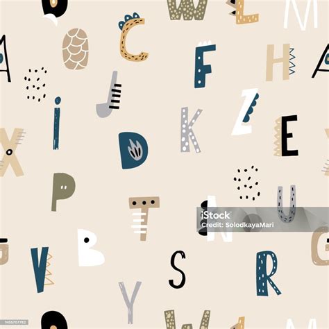추상 공룡 Abc 만화 완벽 한 패턴입니다 귀여운 공룡 스타일의 편지 베이지색 배경 벽지 섬유 의류에 적합합니다 벡터 그림 공룡에 대한 스톡 벡터 아트 및 기타 이미지