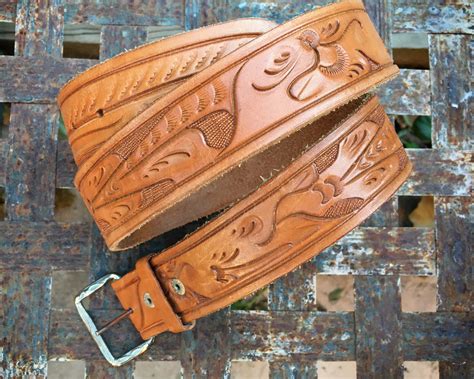 Hand Tooled Leather Western Belt For Women Or Men With Removable Silver Tone Buckle