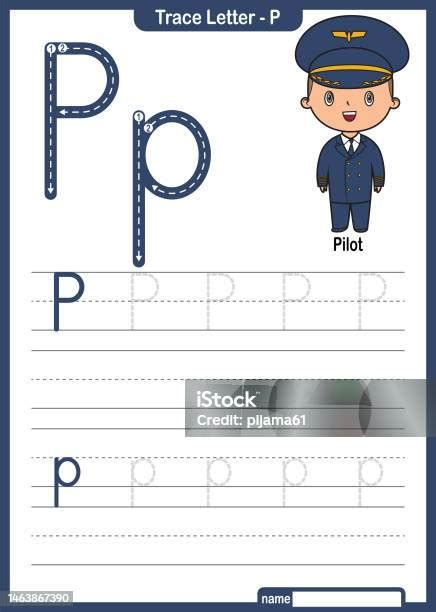 알파벳 추적 문자 A에서 Z 유치원 워크시트와 문자 P 파일럿 프로 개념에 대한 스톡 벡터 아트 및 기타 이미지 개념 계획