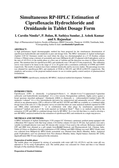 Pdf Simultaneous Rp Hplc Estimation Of Ciprofloxacin Hydrochloride And Ornidazole In Tablet