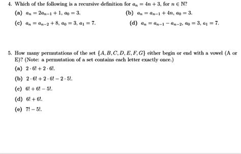 Solved Which Of The Following Is Recursive Definition For N 4n 3