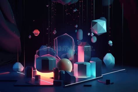 Abstract 3d Environment With Floating Geometric Shapes Lights And Shadows Stock Illustration