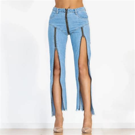 Denim Front Zipper Open Crotch Jeans Light Blue Dance Pants For Women