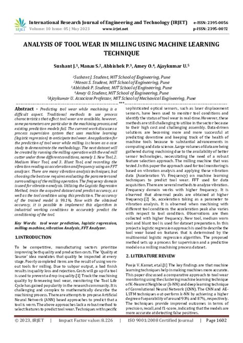 Pdf Analysis Of Tool Wear In Milling Using Machine Learning Technique