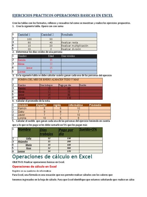 Ejercicios Básicos Excel Pdf Microsoft Excel Matemáticas