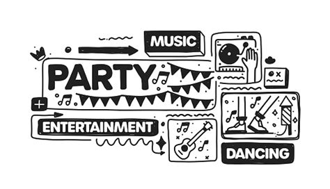 파티 개체 및 요소입니다 벡터 낙서 일러스트 컬렉션입니다 손으로 그린 아이콘 세트 또는 배너 템플릿 가면 무도회에 대한 스톡 벡터 아트 및 기타 이미지 Istock