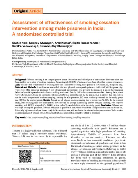 Pdf Assessment Of Effectiveness Of Smoking Cessation Intervention Among Male Prisoners In