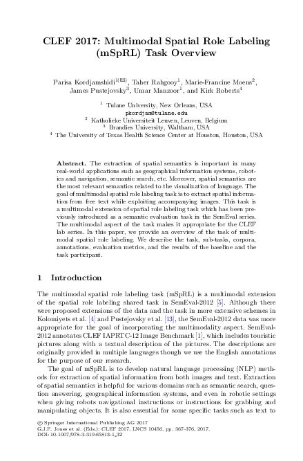 Pdf Clef 2017 Multimodal Spatial Role Labeling Msprl Task Overview Parisa Kordjamshidi