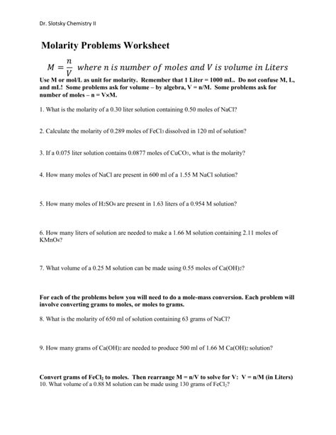 Molarity Problems Worksheet Chemistry Calculations