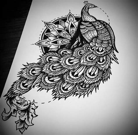 Chic Black And White Peacock On Mandala Bsckground Tattoo Design