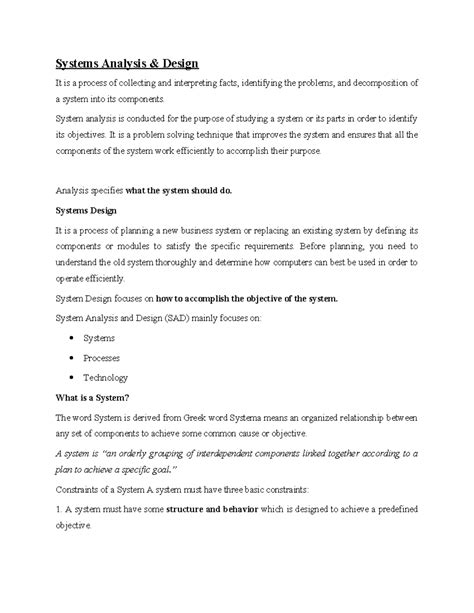 Systems Analysis And Design Systems Analysis And Design It Is A Process