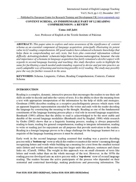 Content Schema An Indispensable Part Of L2 Reading Comprehension A Review Pdf