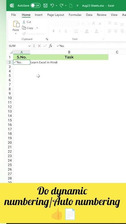 How To Create Dynamic Numbering Pc Microsoftoffice Exceltips Auto Numbering Shortvideo