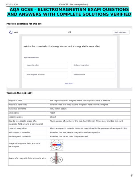 Aqa Gcse Electromagnetism Exam Questions And Answers With Complete Solutions Verified Aqa