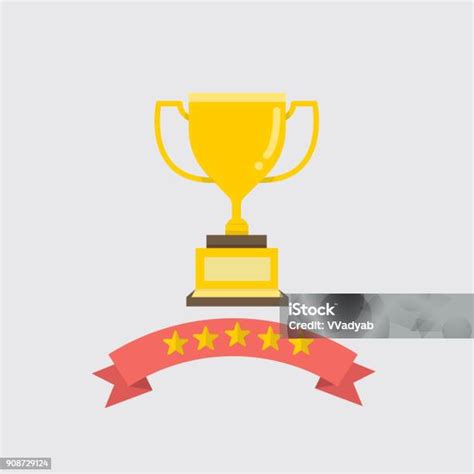 리본 플랫 골드 트로피 및 5 별 벡터 일러스트 레이 션 수상 및 성공 개념입니다 골든 컵 우승자에 대 한입니다 경쟁에 대한