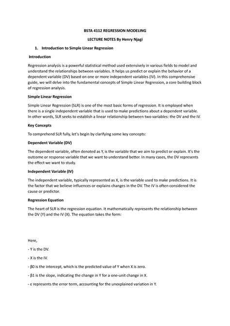 Bsta 4112 Regression Modeling Lecture Notes Bsta 4112 Regression