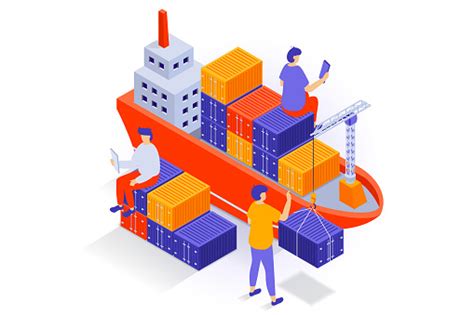 3d 등각 투영 설계의 운송 및 물류 개념입니다 사람들은 화물선으로 상업용 해상 운송을 하는 배송 회사에서 일합니다 웹 그래픽을 위한 등각측정 장면이 있는 벡터 그림 3차원