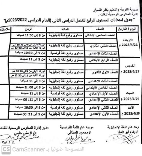 جدول امتحانات المستوى الرفيع بكفر الشيخ 2023 الترم الثاني الوطن