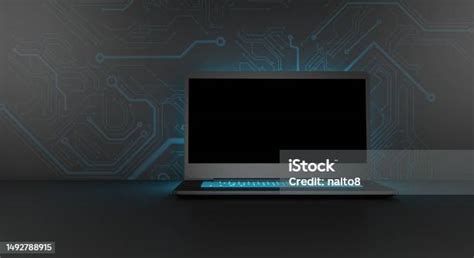 회로 기판 배경에 노트북 복사 공간이 있는 미래형 작업 공간3d 렌더링 0명에 대한 스톡 사진 및 기타 이미지 0명 개념 공란 Istock
