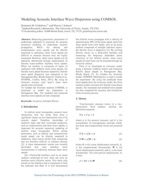 Pdf Modeling Acoustic Interface Wave Dispersion Using Comsol Comsol Multiphysics® · 2013 11