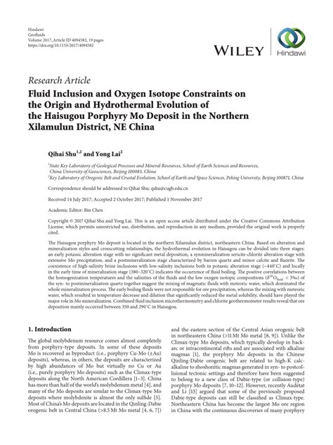 Pdf Fluid Inclusion And Oxygen Isotope Constraints On The Origin And