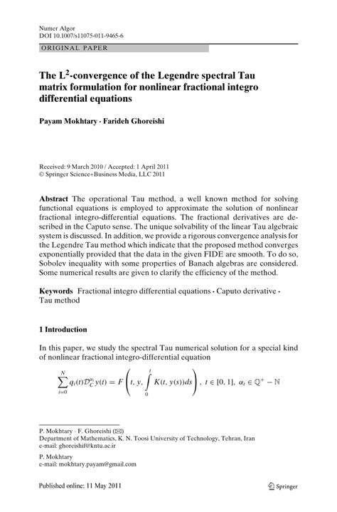 Pdf The L 2 Convergence Of The Legendre Spectral Tau Matrix Formulation For Nonlinear