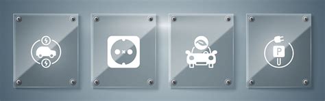 충전 주차 전기 자동차 에코 전기 콘센트 및 정사각형 유리 패널 벡터 전기자동차 충전소에 대한 스톡 벡터 아트 및 기타 이미지