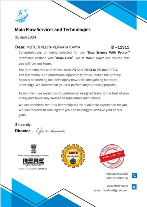 Got An Offer Letter From Main Flow For Data Science Kavya Moturi Posted On The Topic Linkedin