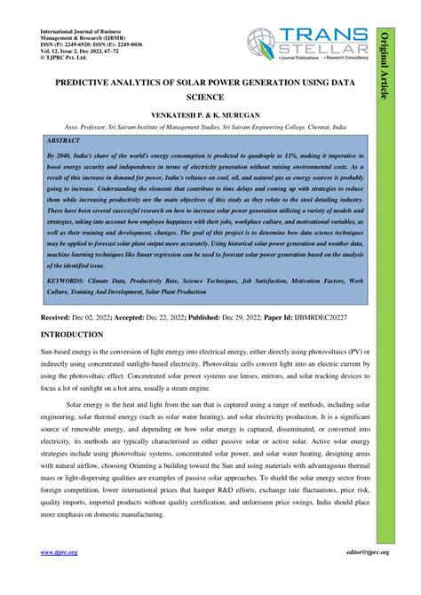 PDF PREDICTIVE ANALYTICS OF SOLAR POWER GENERATION USING DATA SCIENCE