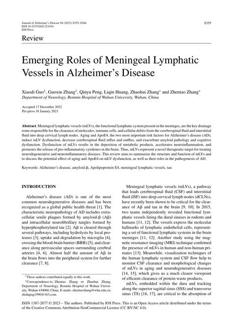 Pdf Emerging Roles Of Meningeal Lymphatic Vessels In Alzheimers Disease