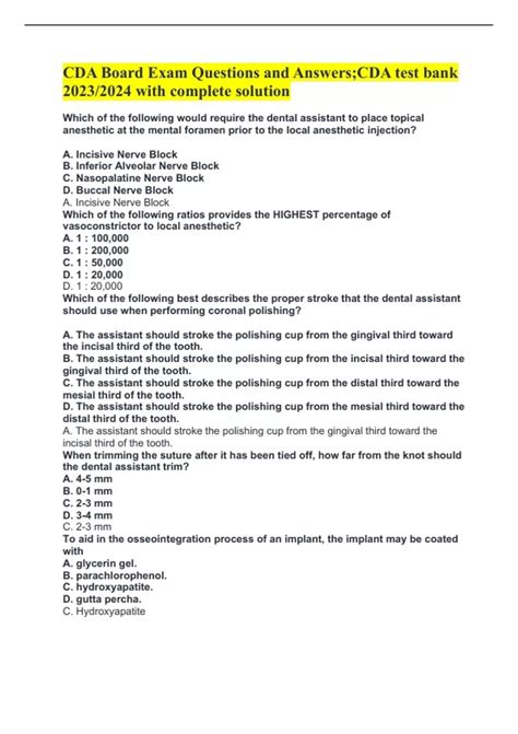 CDA Board Exam Questions And Answers CDA Test Bank 2023 2024 With Complete Solution CDA