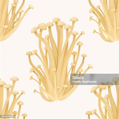 흰색에 에노키 버섯을 사용한 벡터 이음새가 없는 패턴 원활한 질감 손으로 그린 만화 Enoki 버섯 부시 섬유 벽 종이에 대한 디자인 템플릿 Flammulina