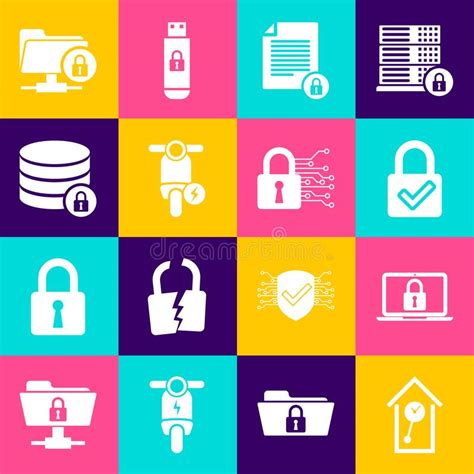 Set Retro Wall Watch Laptop And Lock Lock Check Mark Document Electric Scooter And Server