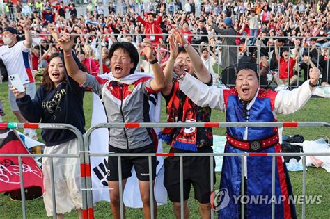 同点ゴールにサポーター歓喜 聯合ニュース