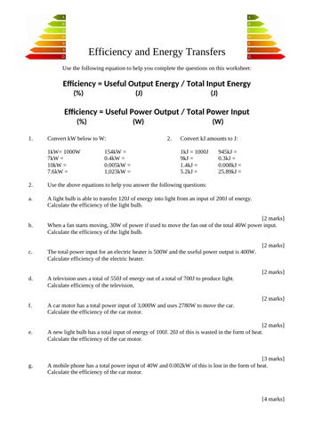 Gcse Physics Efficiency Calculations Worksheet With Answers Teaching