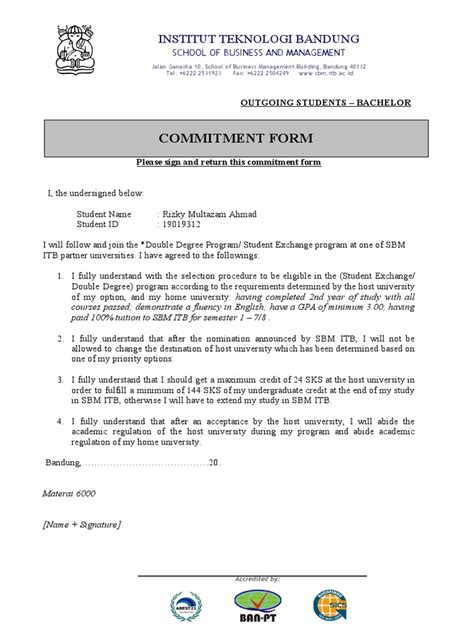 Sbm Itb Commitment Form For Nomination Pdf Career And Growth