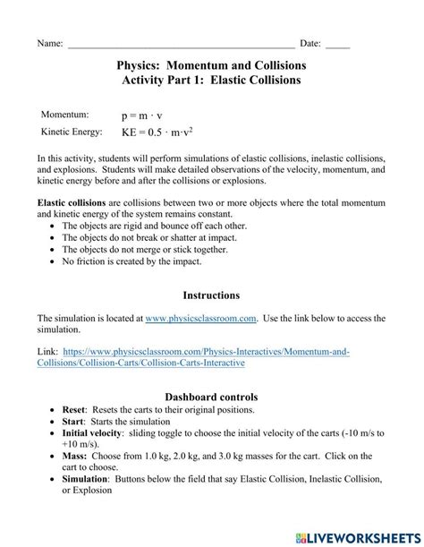 Simulation Of Elastic Collisions Worksheet Live Worksheets