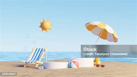 3d 렌더링 빈 디스플레이 연단이 있는 여름 해변 배경 우산 태양 의자 및 여름 액세서리 3차원 형태에 대한 스톡 사진 및 기타 이미지 Istock