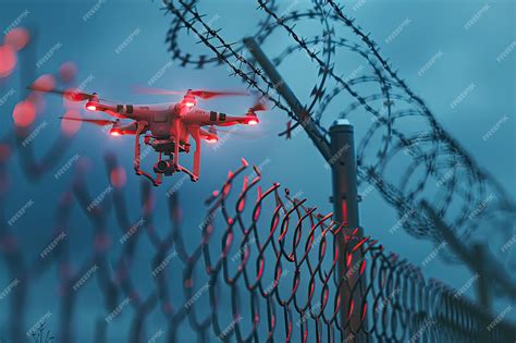 Monitoring Drone Modern Security And Barbed Wire Technology Premium