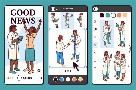 번들로 제공되는 의료 개념의 다양성과 포용성 다양한 인종 민족 성별의 의사와 환자들이 악수하고 환자를 진찰하고 있다 플랫 만화 벡터 디자인 디자인에 대한 스톡 벡터 아트 및