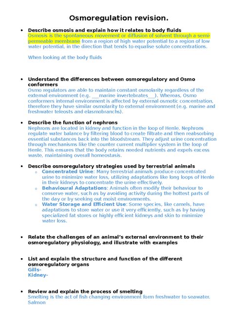 Osmoregulation Revision Describe Osmosis And Explain How It Relates To Body Fluids Osmosis Is