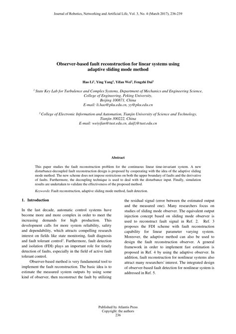 Pdf Observer Based Fault Reconstruction For Linear Systems Using Adaptive Sliding Mode Method