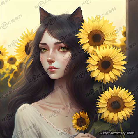 Ai创作图美女和猫以及向日葵 昵图网